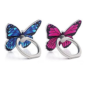 Cobee Butterfly Cell Phone Ring Stand Holder, 2 Pcs Cute Butterfly Pattern Painted Metal Finger Stand Kickstand 360°Rotation Phone Ring Holder Stand Ring Hand Grip with Knob Loop (Blue, Rose Red)