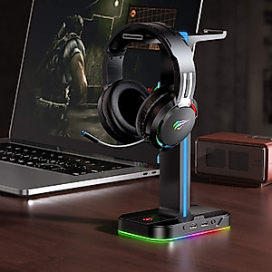 havit RGB Gaming Headphone Stand Desk Dual Headset Hanger Base with Phone Holder & 2 USB Ports for Desktop PC Game Earphone Accessories