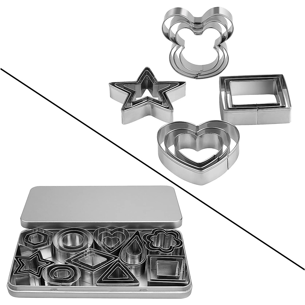 42Pcs Mini Cookie Cutters Set - Mickey Mouse Square Heart Star Flower Round Hexagon Oval Diamond Shapes Cookie Cutters, Polymer Clay Cutters for Kids (12PCS+30PCS Cookie Cutters）