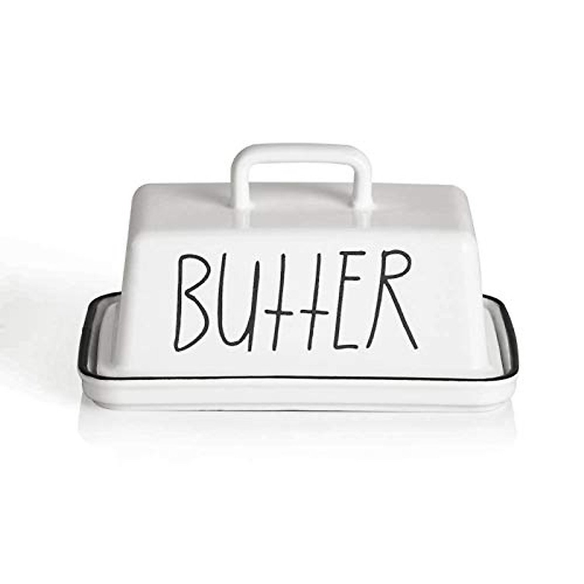 SWEEJAR Ceramic Butter Dish with Handle Lid, 7.3 Inch Porcelain Large Butter Keeper with Cover, Perfect for East/West Butter (White)