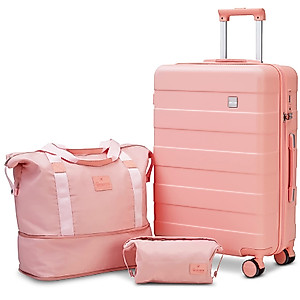 imiomo 24 IN Checked Luggage, Suitcase with Spinner Wheels, Hardside 3PCS Set Lightweight Rolling Travel Luggage with TSA Lock(24"/Pink)