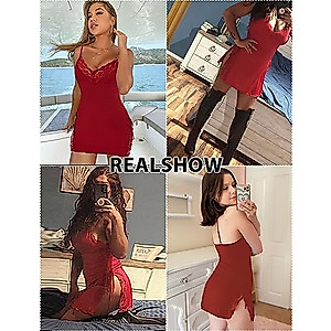 Avidlove Womens Sexy Nightgown Lace Babydoll Nighty Slip Lingerie Dress V Neck Nighty with Side Slit(Red,M,With G-string)