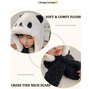 Women Girls Cute Panda Animal Winter Hats 3 in 1 Warm Soft Plush Hoodie Cap Gloves Mitten Scarf Set Cold Weather Earmuff Headbands Costume Holiday Christmas Gift for Adults Kids (Shy Face Panda)