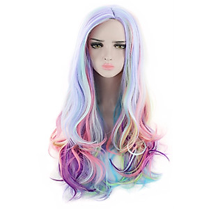 AGPTEK Full Long Curly Wavy Rainbow Hair Wig, Heat Resistant Wig for Music Festival, Theme Parties, Wedding, Concerts, Dating, Cosplay & More