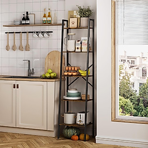 Hoctieon Industrial Ladder Bookshelf, Multifunctional Ladder Shelf, 5-Tier Tall Bookshelf, Open Ladder Shelf Bookcase, for Living Room, Home Office, Kitchen, Bedroom, Metal Frame, Rustic Brown