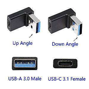 CERRXIAN Right Angle USB C to USB A Adapter, Up Angle & Down Angle USB A 3.0 Male to USB Type C 3.1 Female Connector Adapter for Laptops, Wall Chargers, Power Banks(2-Pack)