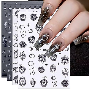JMEOWIO 12 Sheets Moon Star Sun Nail Art Stickers Decals Self-Adhesive Pegatinas Uñas Black Nail Supplies Nail Art Design Decoration Accessories