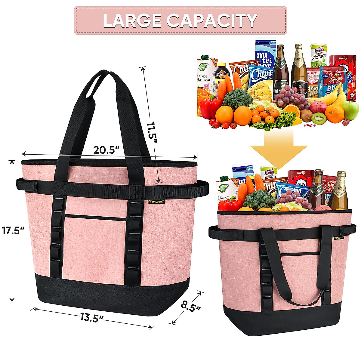 BALEINE Large 45-Can Cooler Bags Insulated, PEVA Soft Cooler Tote Bag, Insulated Grocery Bags with Zippered Top (10.5 Gallon, Grey)