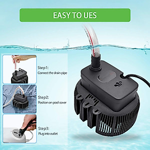 SurmountWay Pool Cover Pump Above Ground，850 GPH, 3 Adapters Swimming Pool Cover Pump with 16 Foot Heavy-Duty Kink Proof Hose (Black)