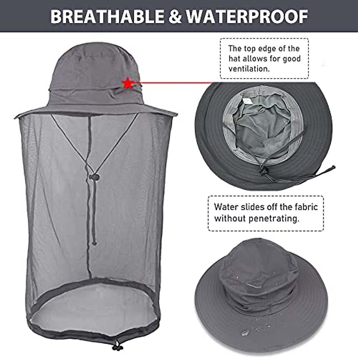 Mosquito Net Head Hat+Bug Jacket M, Sun Hats with Mosquito Netting Face Neck Mask Bucket Hat Cap Protector, Anti Mosquito Netting Suit with Zipper on Hood Ultra-fine Mesh