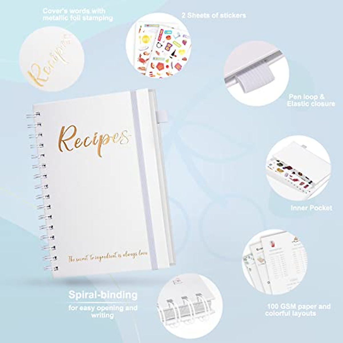 JUBTIC Recipe Book to Write in Your Own Recipes,Sprial Hardcover Personal Blank Recipe Book, Make Your Own Family Cookbook with Gold Foil Stickers, Recipe Notebook Hold 120 recipes - Pearl