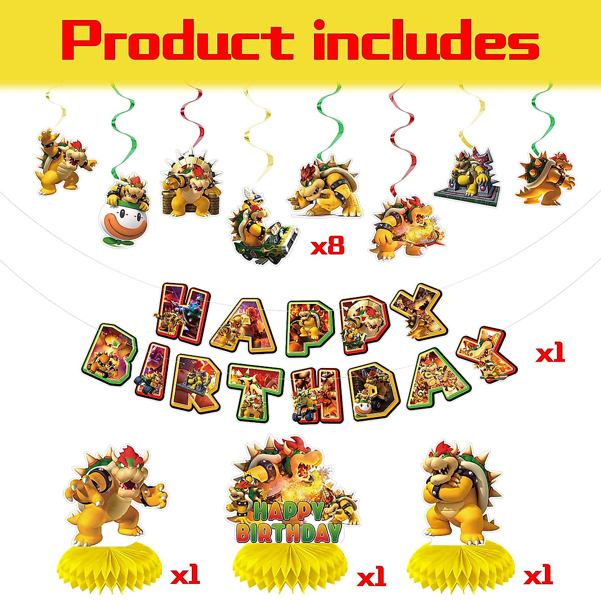 Mario Bowser Birthday Party Decorations, Include Banner,Hanging Swirls and Table Decorations Honeycomb Centerpieces for Cartoon Bowser Party Supplies.