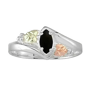 Onyx Cabochon Marquise Bypass Ring, Sterling Silver, 12k Green and Rose Black Hills Gold Size 12