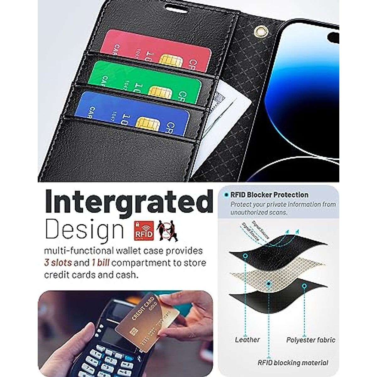 OCASE Compatible with iPhone 15 Pro Wallet Case, PU Leather Flip Folio Case with Card Holders RFID Blocking Kickstand [Shockproof TPU Inner Shell] Phone Cover 6.1 Inch 2023, Black