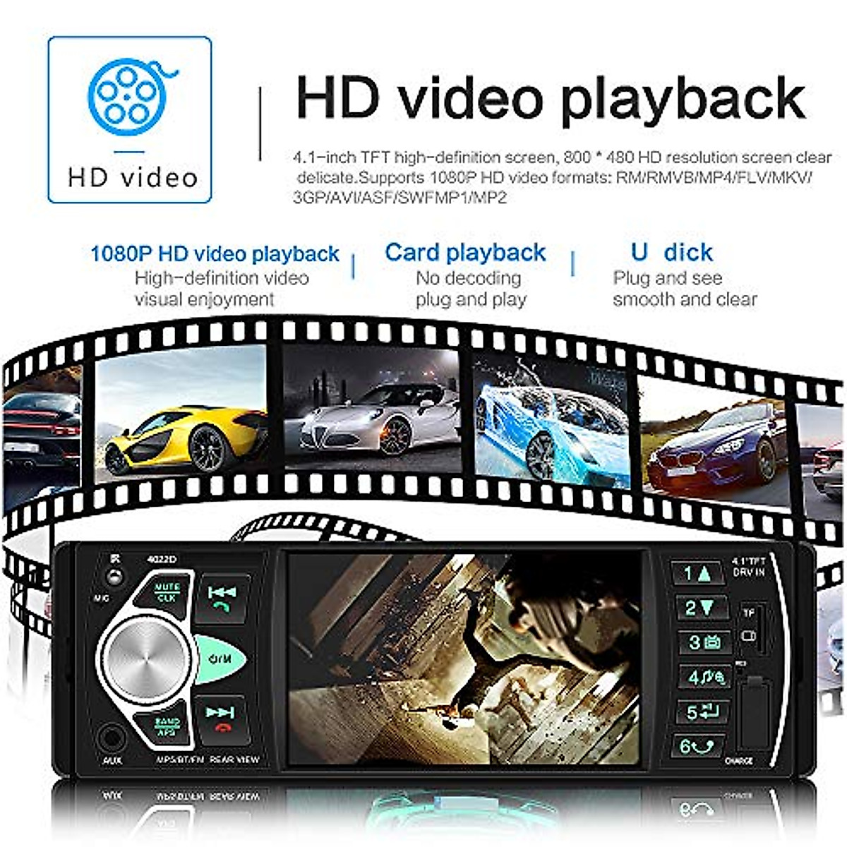 Camecho Single Din Car Stereo Radio 4.1'' Screen Parking Assistance in-Dash Bluetooth USB/SD/FM MP5 Player with Waterproof Night Vision Backup Camera