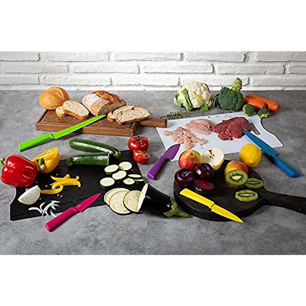 KUHN RIKON COLORI+ Mixed Knife Set with Non-Stick Coating and Safety Sheaths, Set of 5, Fuchsia, Blue, Graphite Grey, Green and Red