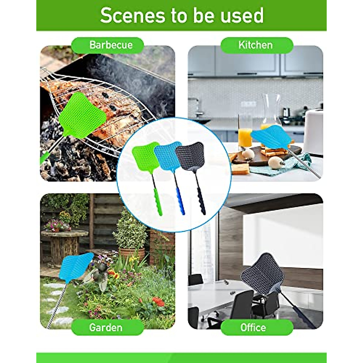Wapodeai 3 pcs Fly Swatter, Fly Swatter Plastic,Telescopic Fly Swatters, Large Bug Swatter That Work for Indoor and Outdoor. (Black Blue Green)