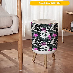 Small Trash Can with Lid Skull funky seamless rough grunge modern design Hipster trendy painted Round Garbage Can Press Cover Wastebasket Wood Waste Bin for Bathroom Kitchen Office 7L/1.8 Gallon