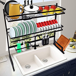 Ecomerr Over The Sink Dish Drying Rack (25.6" to 37.4" L) Adjustable - 3 Tier Stainless Steel Over The Sink Dish Rack with Sink Caddy, Utensil & Cutting Board Holder - Kitchen Counter Space Saver