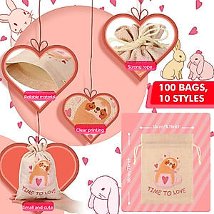 Zhengmy 100 Pcs Valentine Drawstrings Burlap Bags for Kids Valentine's Day Burlap Bags Valentines Goodie Bags Valentines Gifts Canvas Heart Bags Candy Pouches for Wedding Shower DIY Craft, 5 x 7 Inch