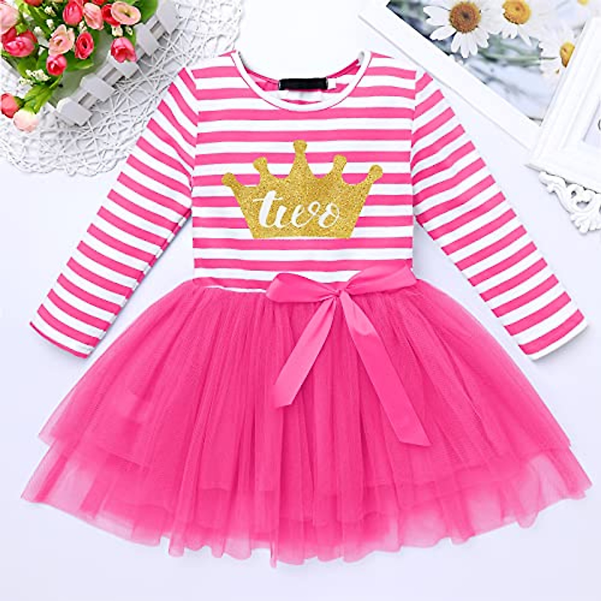Baby Girls Shinny Stripe Long Sleeve Printed Princess Casual Birthday Tutu Tulle Dress Hot Pink Crown(Two Years)