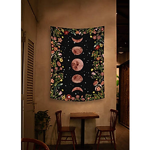 Rexful Moonlit Garden Tapestry, Moon Phase Surrounded by Plants and Flowers Black Wall Hanging Blanket 44×60 inch