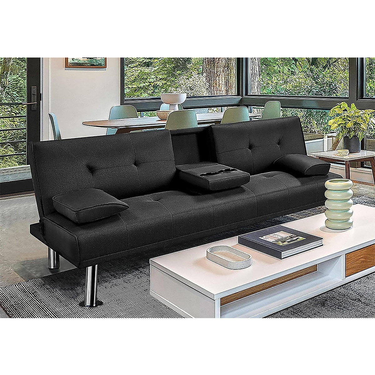 Anwickmak Convertible Futon Sofa Bed,PU Leather Modern Couch Loveseat Sleeper, Folding Daybed Guest Bed, Removable Armrests, 2 Cup Holders, Metal Legs (Black)