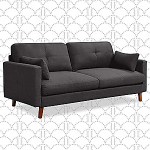 Elle Decor Alix Upholstered Living Room Sofa, Tufted Fabric Couch, Mid-Century Walnut Tapered Footers, 78" Sofa, Charcoal