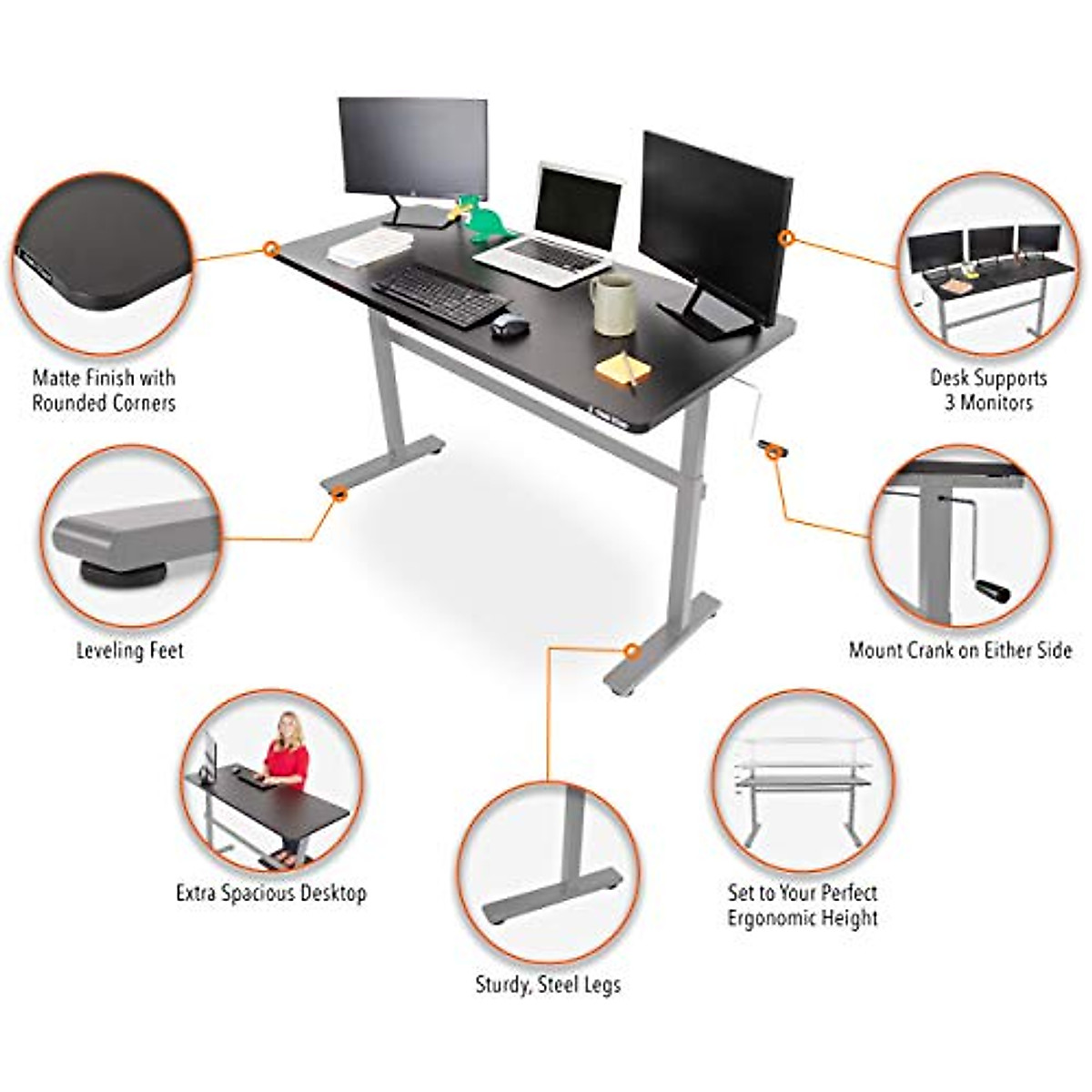 Stand Steady Tranzendesk 55 Inch Standing Desk | Easy Crank Height Adjustable Sit to Stand Workstation | Modern Ergonomic Desk Supports 3 Monitors | Great for Home & Office! (Black Top/Silver Frame)