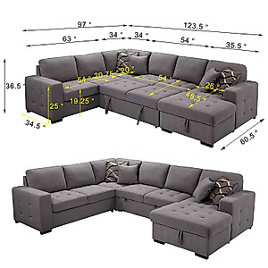 THSUPER Sectional Sleeper Sofa Couch Pull Out Bed with Storage Chaise, U Shape Oversized Sectionals Couches for Living Room, 6 Seater Gray