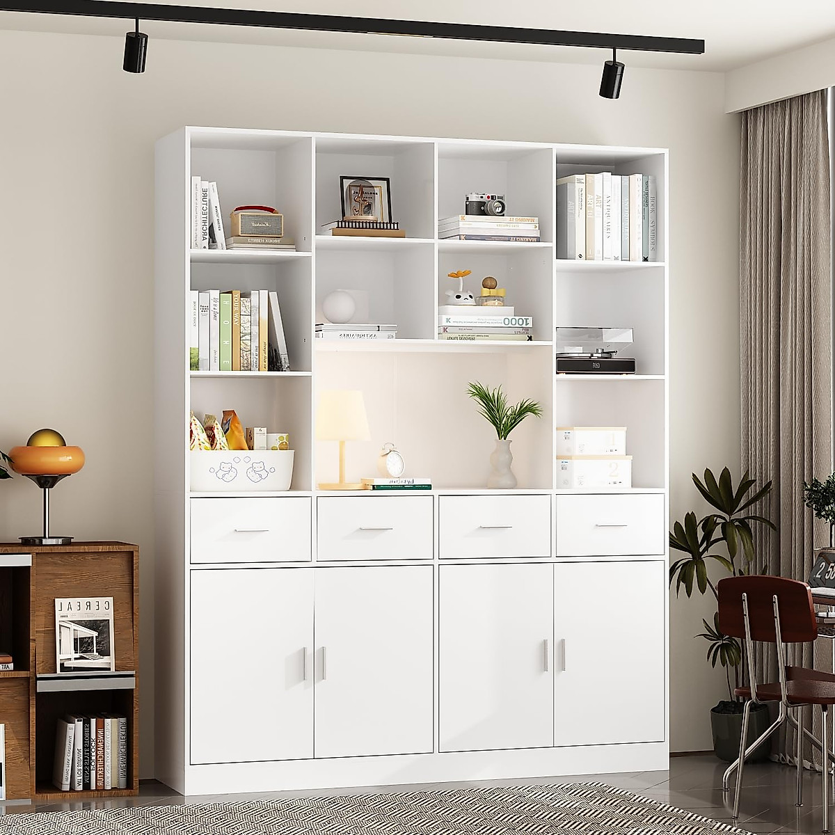 ECACAD Modern Wooden Bookcase with Shelves, 4 Doors and 4 Drawers, Tall Storage Display Cabinet Kitchen Pantry for Living Room, Home Office and Kitchen, White (15.7" D x 63" W x 78.7" H)