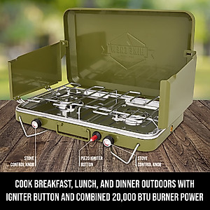 Hike Crew Gas Camping Stove | 20,000 BTU Portable Propane 2 Burner Stovetop | Integrated Igniter & Stainless Steel Drip Tray | Built-in Carrying Handle, Foldable Legs, Wind Panels | Includes Regulator