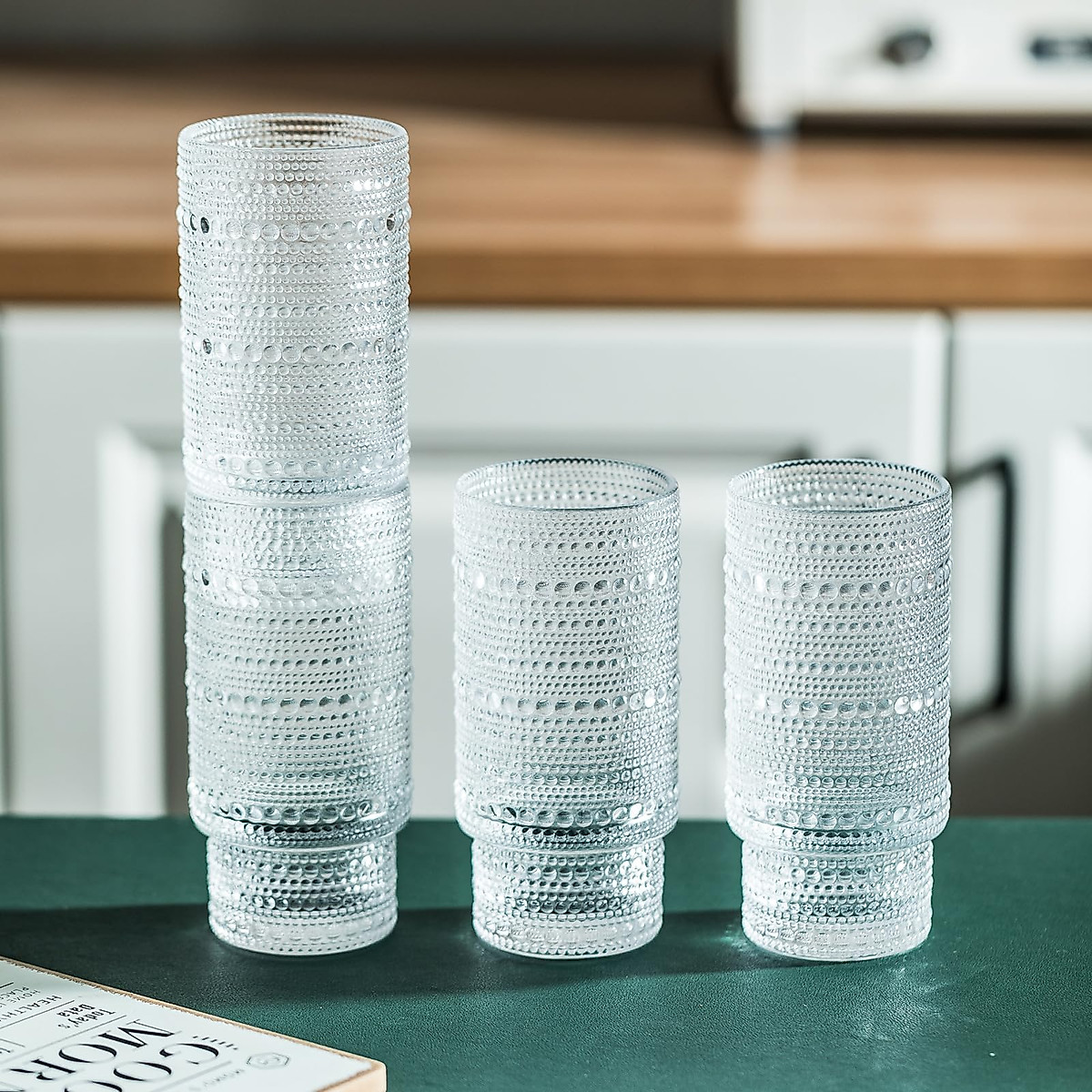 INSETLAN 16oz Hobnail Drinking Glasses Set of 4 with Glass Straws - Stackable Cups for Bar, Cocktails, and Beverages - Ideal for Iced Coffee, Beer, Juice, and Water - Pleasing and Durable Glassware