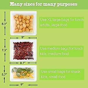 Premium Reusable Storage Bags Set of 9 | Reusable Freezer Bag | MORE DURABLE with BORDER 0.4" | 3 Snack Bags + 3 Reusable Lunch Ziplock Bags For Kids + 3 Extra Sandwich Bags | EXTRA THICK| BPA-Free