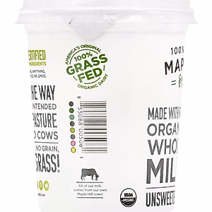 Maple Hill Creamery Organic Cream on Top Yogurt - USDA Organic Whole Milk Yogurt – Unsweetened No Sugar Added– 100% Certified Grass-Fed Yogurt, Plain, 32 oz