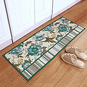 yazi Fabric Kitchen Mat Area Rug Green Striped Flower Non-Slip Rubber Backing Floomat,47x18 Inches