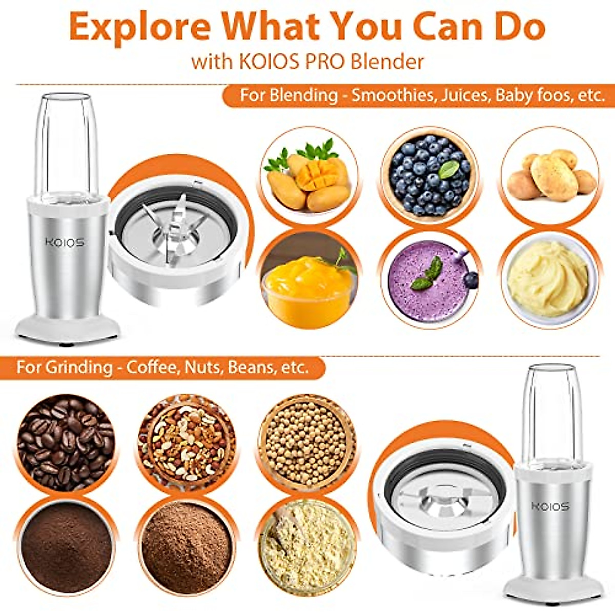 KOIOS PRO 850W Bullet Personal Blender for Shakes and Smoothies, Protein Drinks, 11 Pieces Set Blender for Kitchen Baby Food with Ultra Smooth 6-Edge Blade, Coffee Grinder for Beans, Nuts, Spices, 2x17 Oz + 10 Oz Large & Small To-Go Cups, 2 Spout Drinking