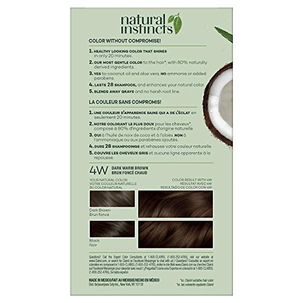 Clairol Natural Instincts Demi-Permanent Hair Dye, 4W Dark Warm Brown Hair Color, Pack of 3