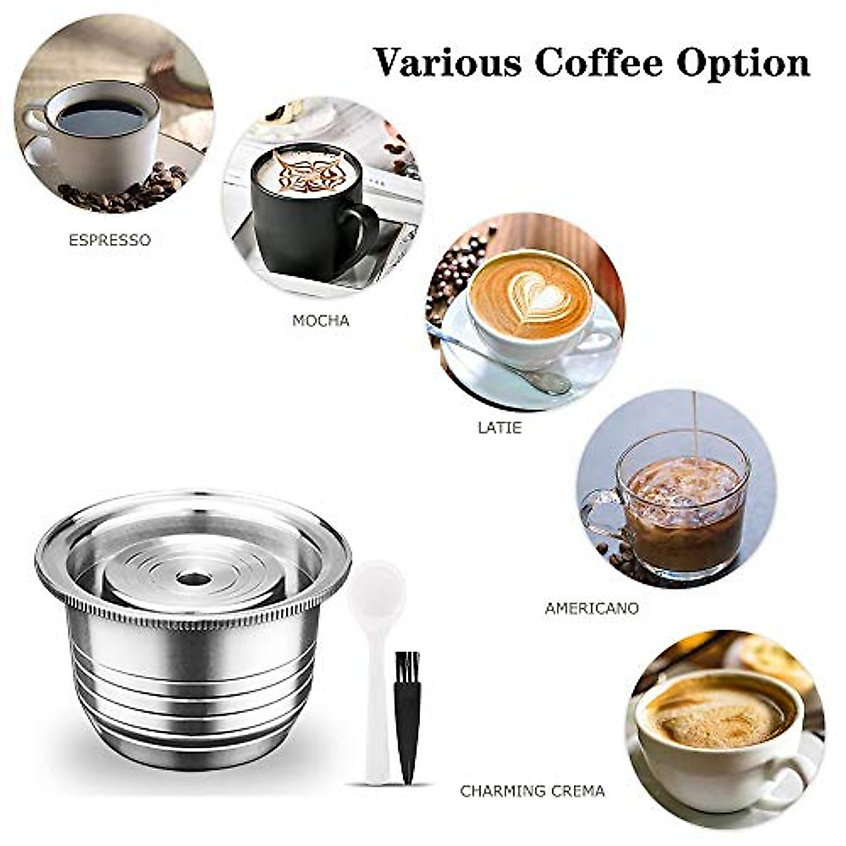 Reusable Coffee Capsule Filter, Stainless Steel Coffee Pod Holder Set Compatible with Nespresso Vertuoline GCA1/Plus, Nespresso Vertuo Plus Series, Delonghi ENV 135/150 with Brush Spoon (240ml)