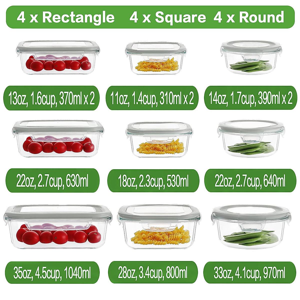 HOMBERKING 12 Sets Glass Food Storage Containers with Lids, Glass Meal Prep Containers, Airtight Glass Bento Boxes, BPA Free & Leak Proof, Pantry Kitchen Storage(12 lids & 12 Containers) - Gray