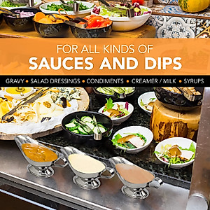 [2 Pack] Stainless Steel Gravy Boat - 10 Oz Elegant Gravy Boats with Classic Lip and Metal Gardoon Base - Stylish Large Gravy Boat for Thick Sauces, Salad Dressings - For Home, Cafe, Restaurant Use