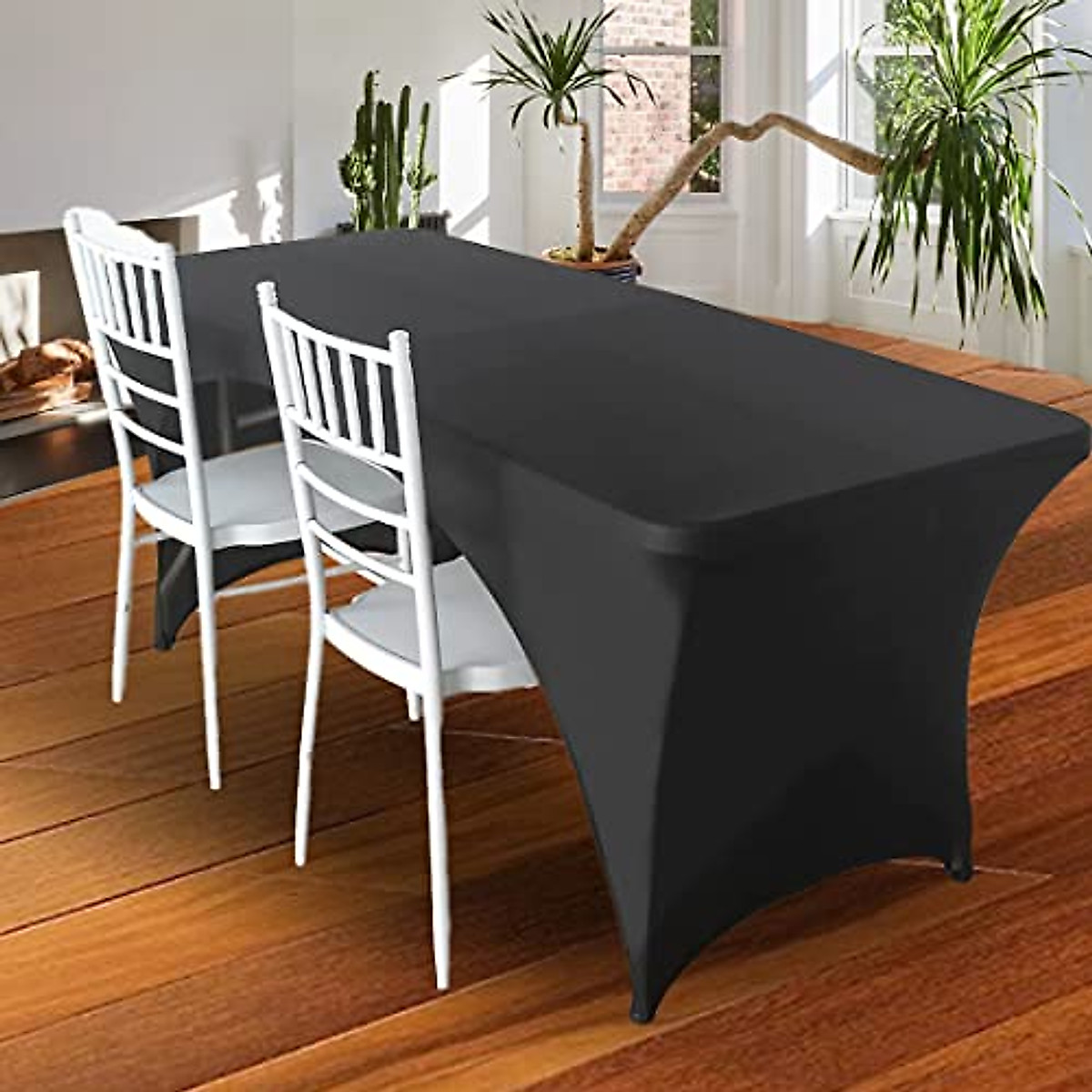 Leoa's Lux 2 Pcs Black Spandex Table Covers 6ft Fitted Tablecloth Stretch for Standard Folding Tables - Elastic Rectangular Wrinkle Resistant Massage Table Clothes for 6 Foot Rectangle Tables
