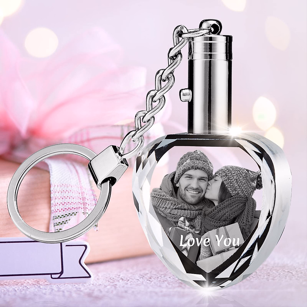 Hapetrel Custom Photo Crystal Keychain 3D Personalized Crystal Kay Chain Picture Engraved Keychain Crystal Lighted Customized gift