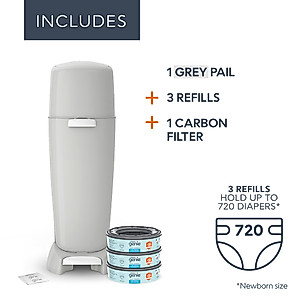 Diaper Genie Complete Diaper Pail (Grey) with Odor Control | Includes 1 Diaper Trash Can, 3 Refill Bags, 1 Carbon Filter, 4 Piece Set