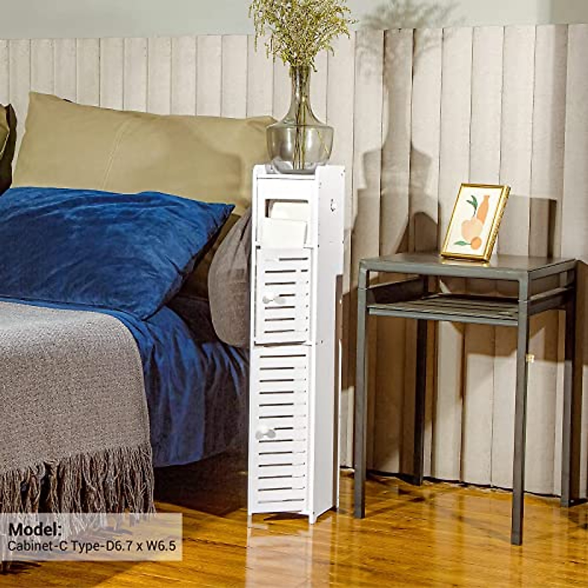 Bathroom Storage Cabinet for Small Space with Doors and Shelves, 4-Tiers Narrow Bathroom Cabinet,Waterproof Toilet Paper Storage Organizer with Toilet Paper Roller,Accommodate Mega Rolls(White)