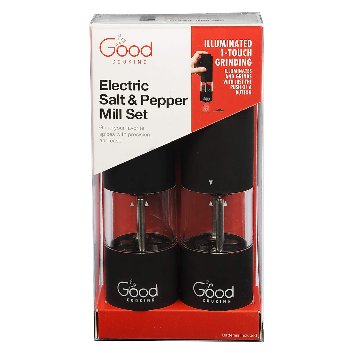 Electric Pepper Grinder and Salt Mill (2 Pack)- Battery Operated One-Handed Spice Dispenser w LED Light & Adjustable Coarseness- Matte Black, Batteries Included