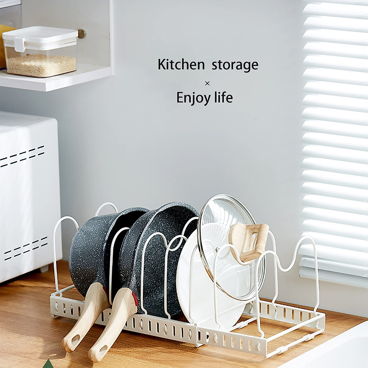 S SNUOY Pot and Pan Organizer Expandable Pan Lid Organizer Rack for Cabinet Pot Lid Holder Rack with 10 Adjustable Compartment for Pot Lids Cutting Boards,White