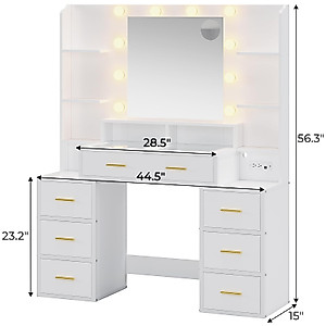 BTHFST Glass Top Vanity Desk with Mirror and Lights, Makeup Vanity with Lights, Charging Station and 10x Magnifying Mirror, Large Vanity Table with 8 Drawers, Acrylic Dividers and Shelves, White