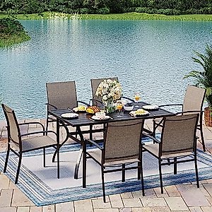 MIXPATIO Patio Dining Set 7 Piece Outdoor Furniture Set with 6 Brown Textilene Chairs and Metal Rectangular Table for Deck Garden Backyard Lawn Poolside
