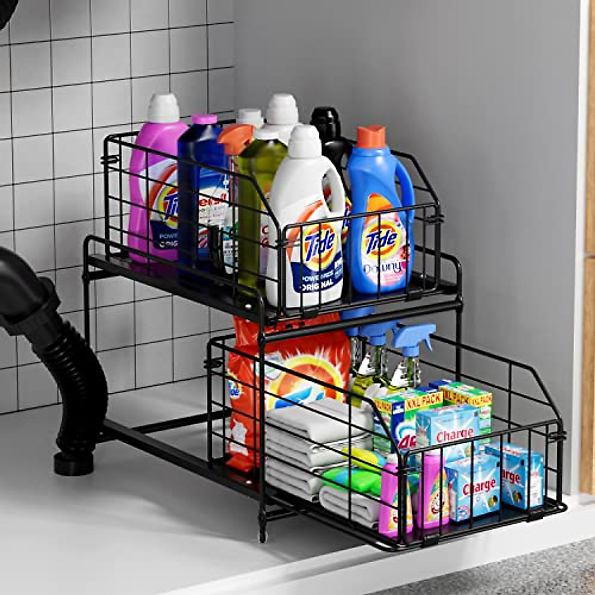 Lxmons Pull Out Under Sink Organizer, 2 Tier Slide Out Cabinet Drawer Organizer, Metal Basket Home Shelf for Bathroom or Kitchen, Sliding Countertop or Pantry Organization Storage, Large Black